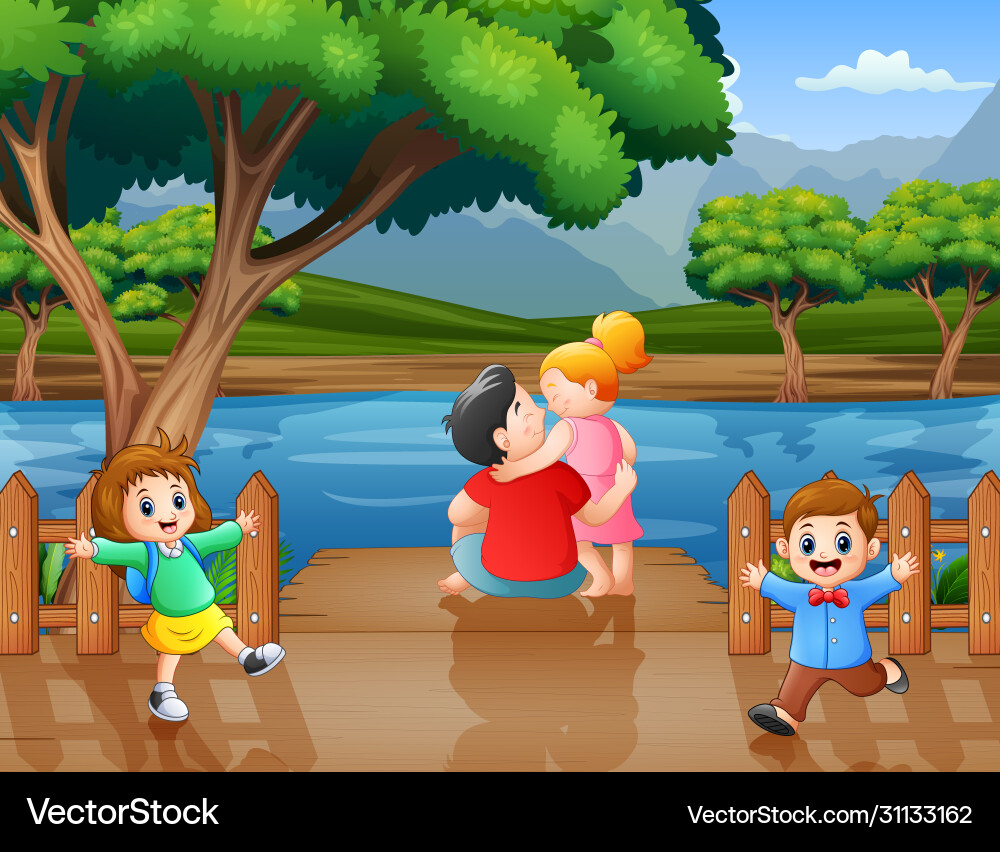 Scene with many people enjoying on riverside Vector Image