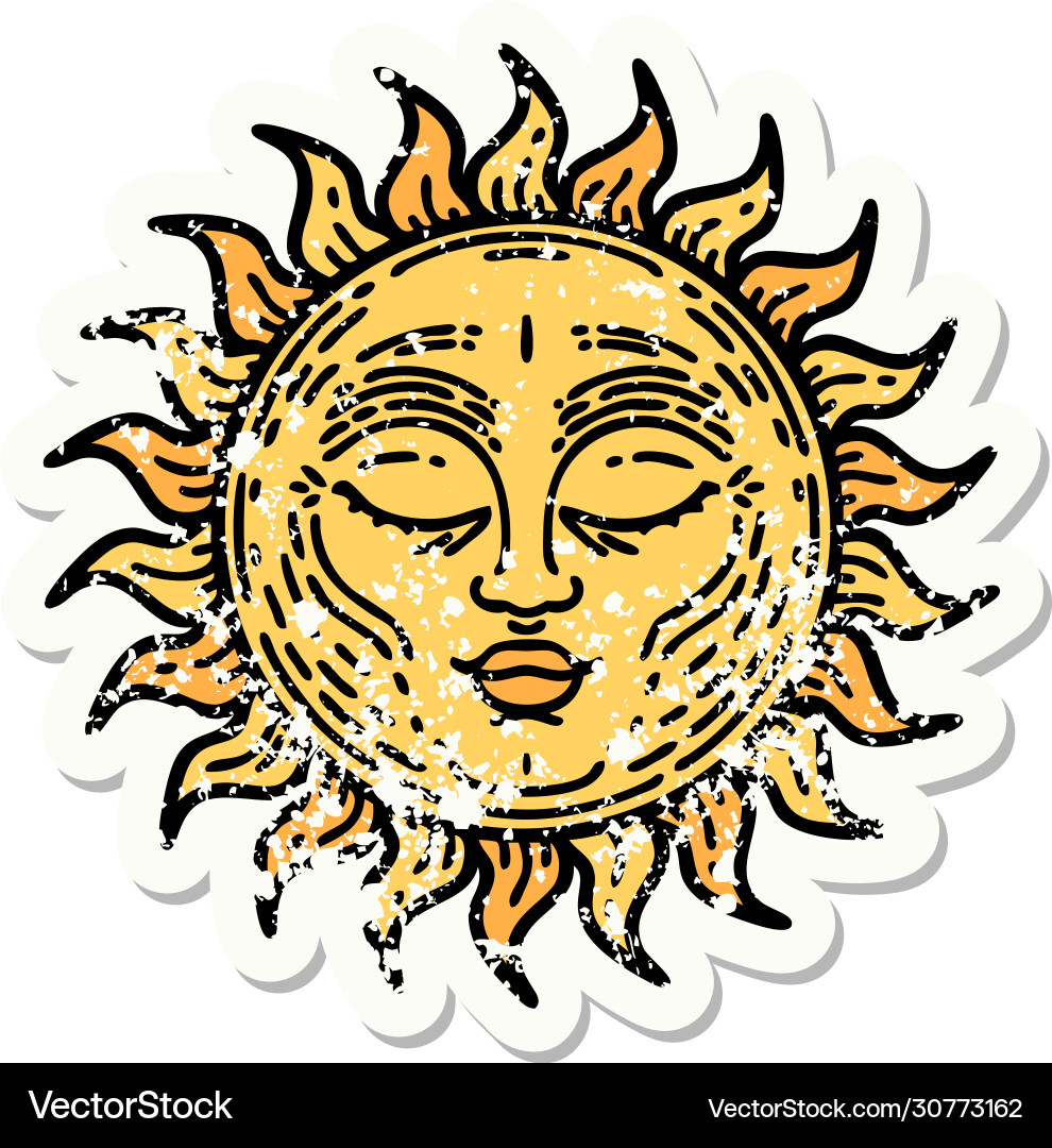 Traditional distressed sticker tattoo a sun Vector Image