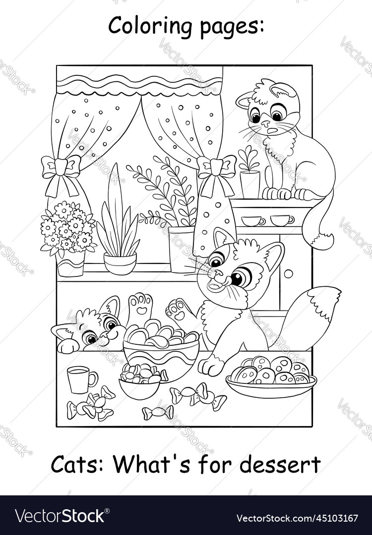 Cute kittens eat treats kids coloring book page Vector Image