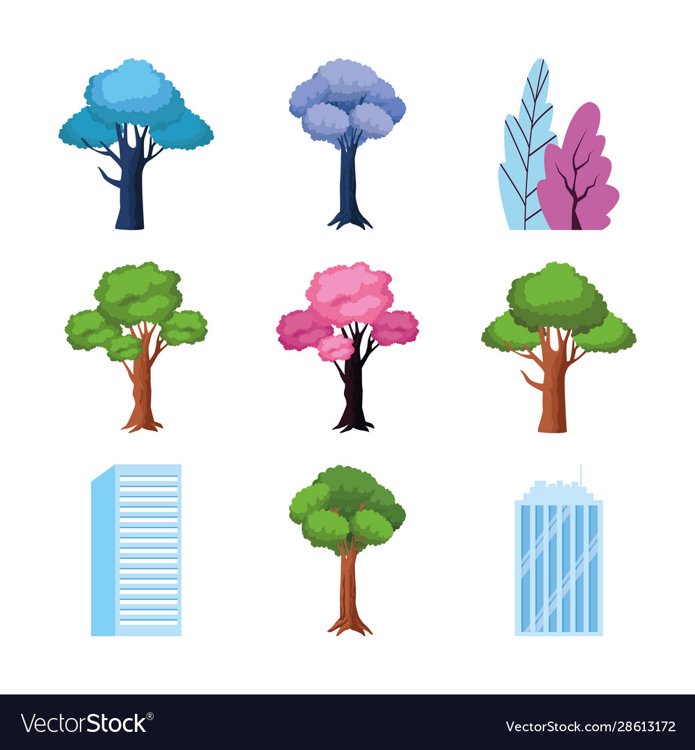 Colorful trees and buildings icon set Royalty Free Vector