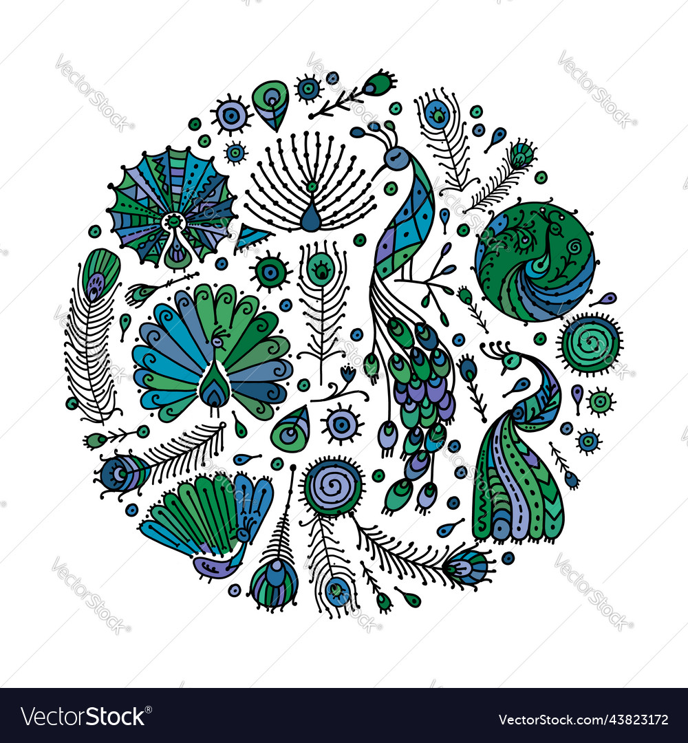 Peacock Collection Ethnic Style Sketch For Your Vector Image