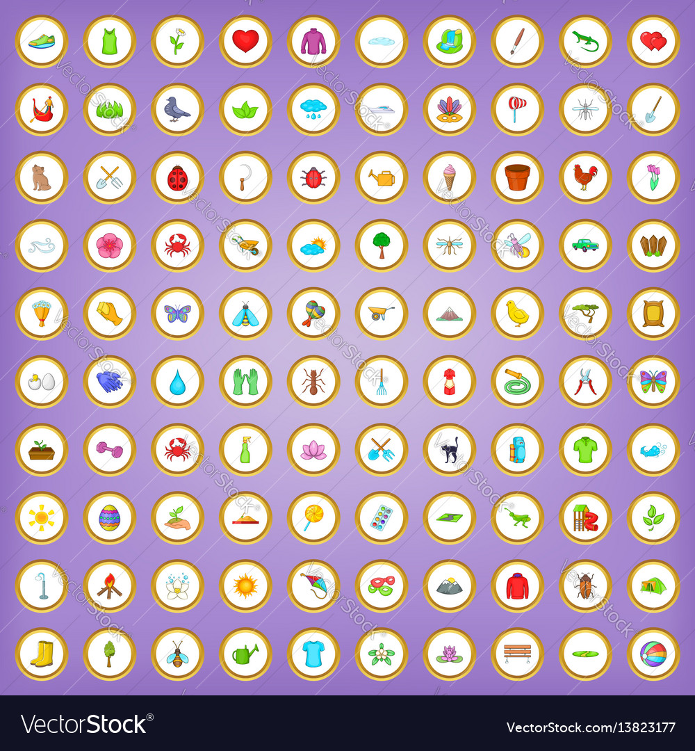 100 spring icons set in cartoon style Royalty Free Vector