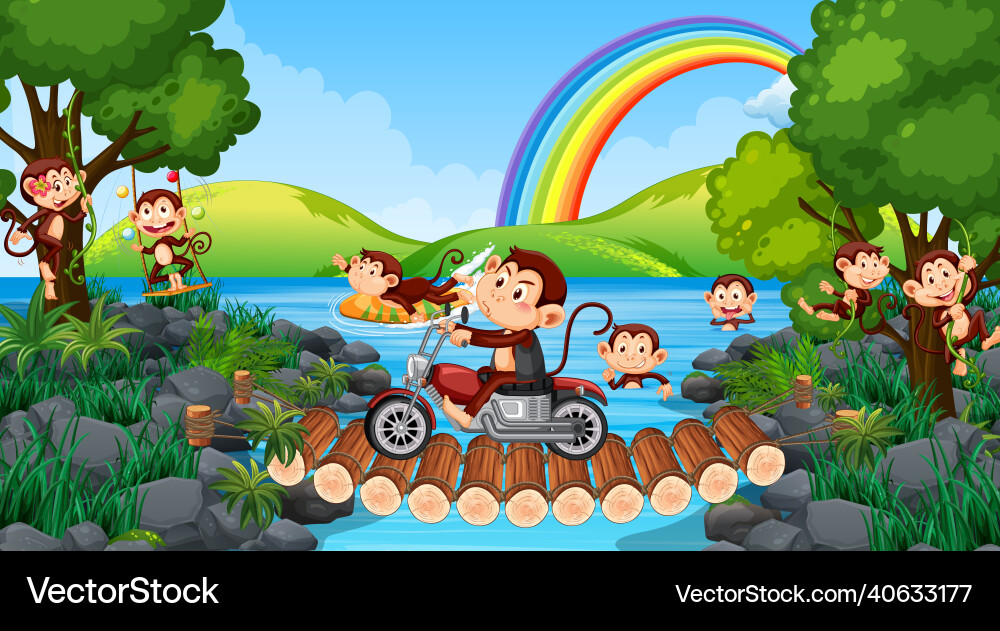 Bridge in the forest scene with many monkeys Vector Image