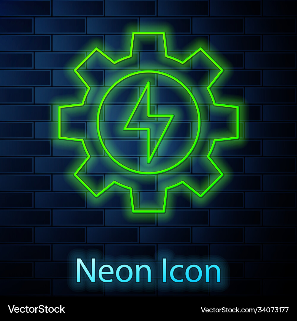 Glowing neon line gear and lightning icon isolated