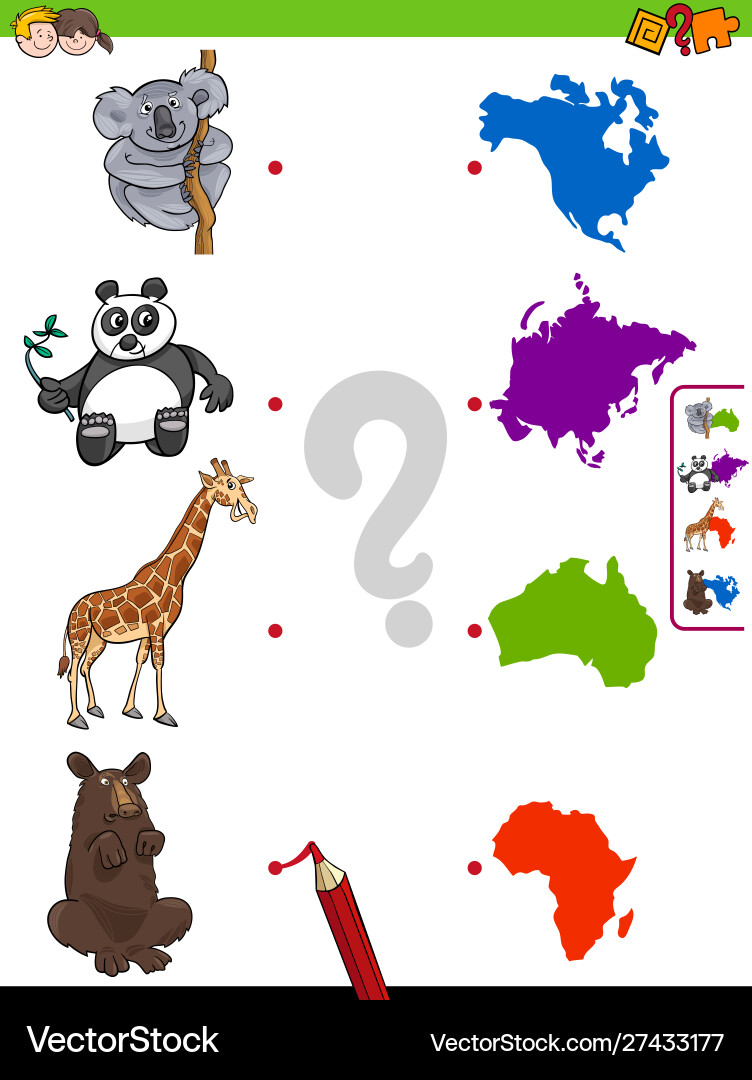Match animals and continents educational task Vector Image