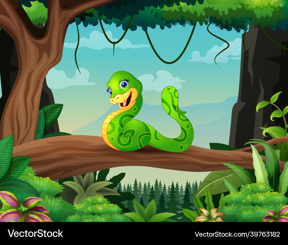 Cartoon green snake on a branch Royalty Free Vector Image