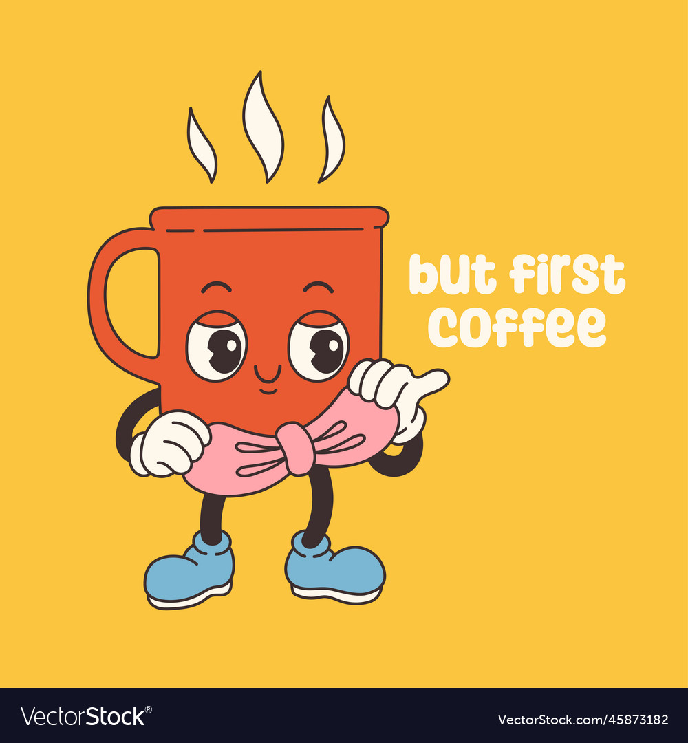 Groovy coffee character old classic cartoon style Vector Image