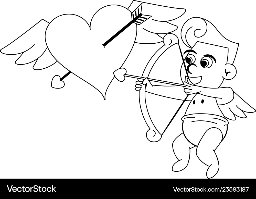 Cupid with arch and heart with wings Royalty Free Vector