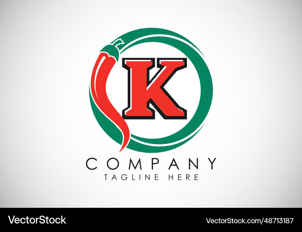 English alphabet k with red chilli logo design Vector Image