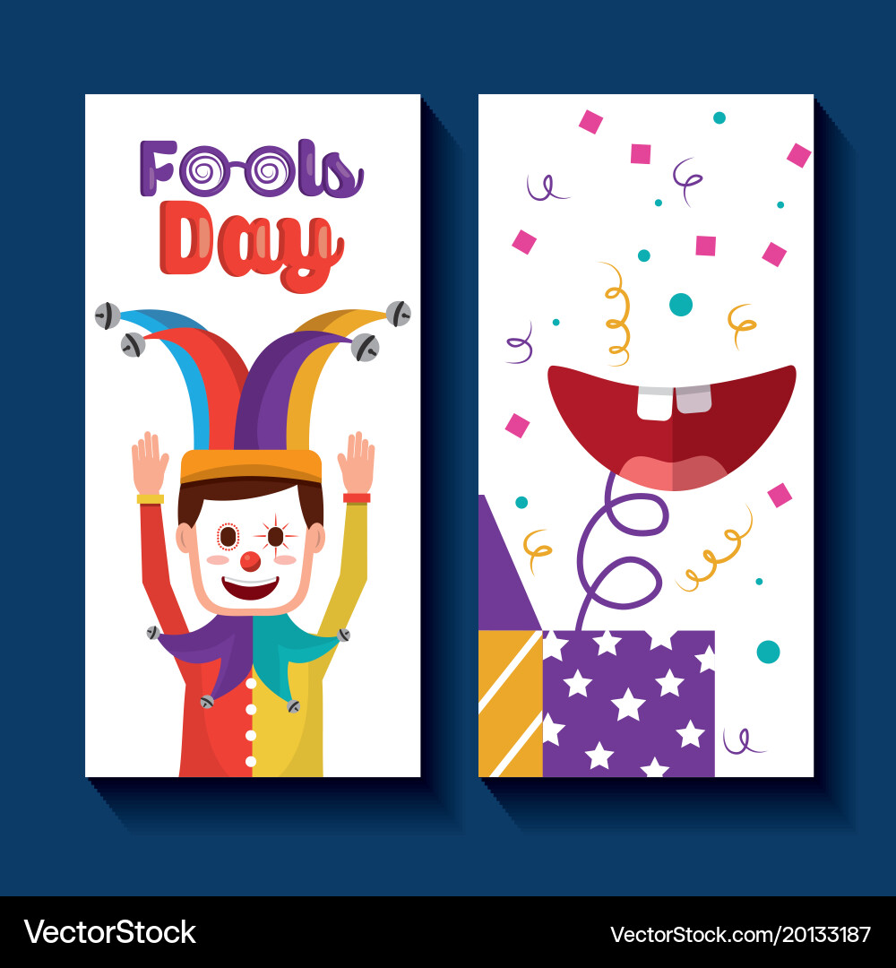 Fools day banner celebration joker and box mouth Vector Image