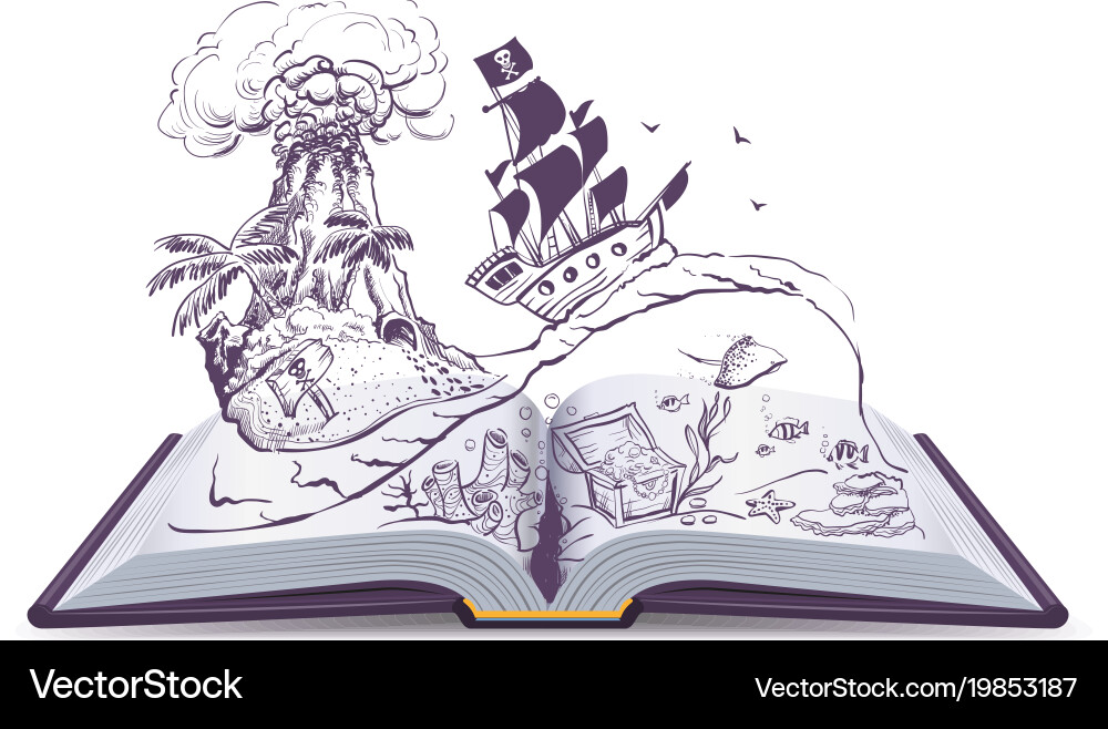 Open book about pirates and treasure ship Vector Image