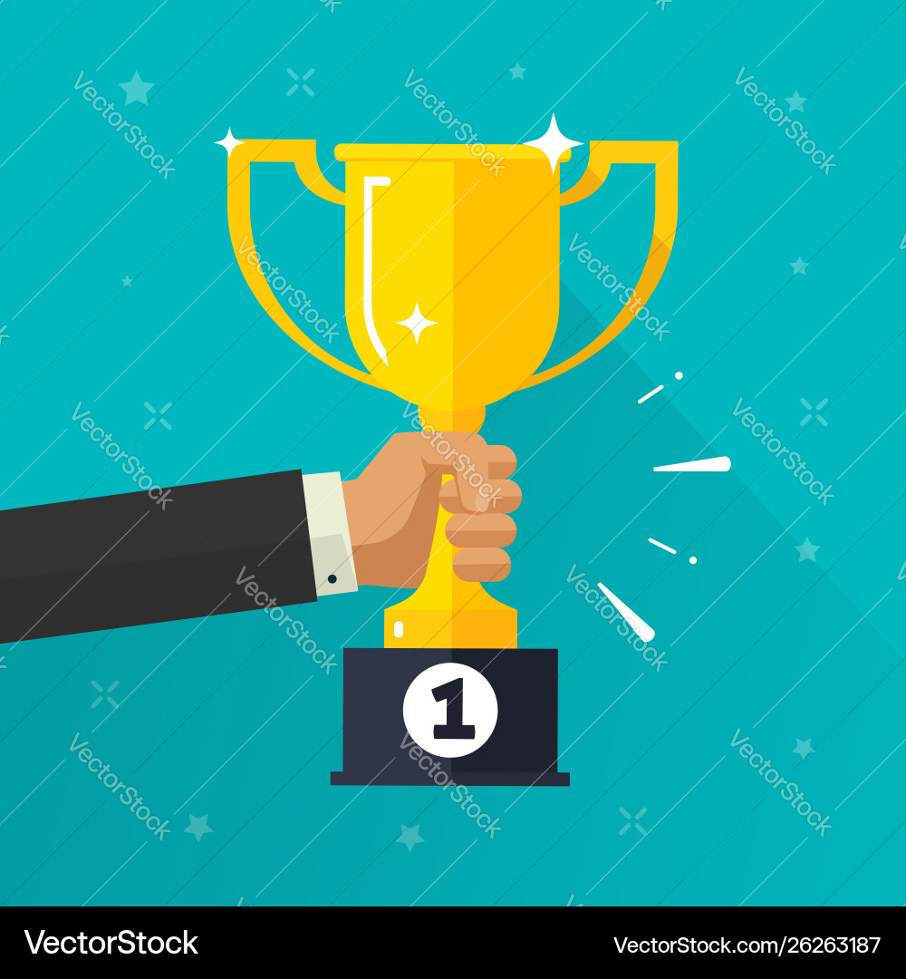 Winner success golden cup in hand Royalty Free Vector Image
