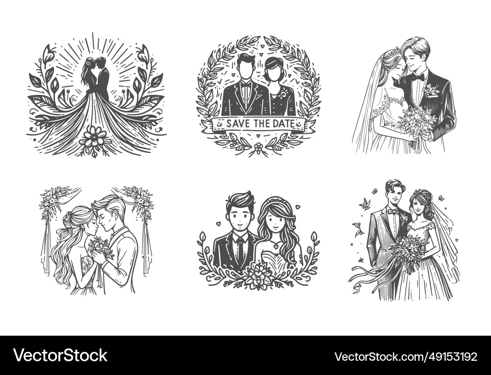 Minimal bride and groom wedding icon set Vector Image