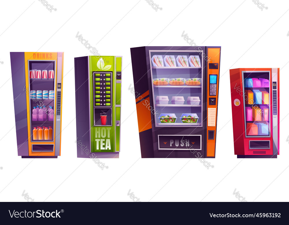 Set of vending machine with snack candy and tea Vector Image