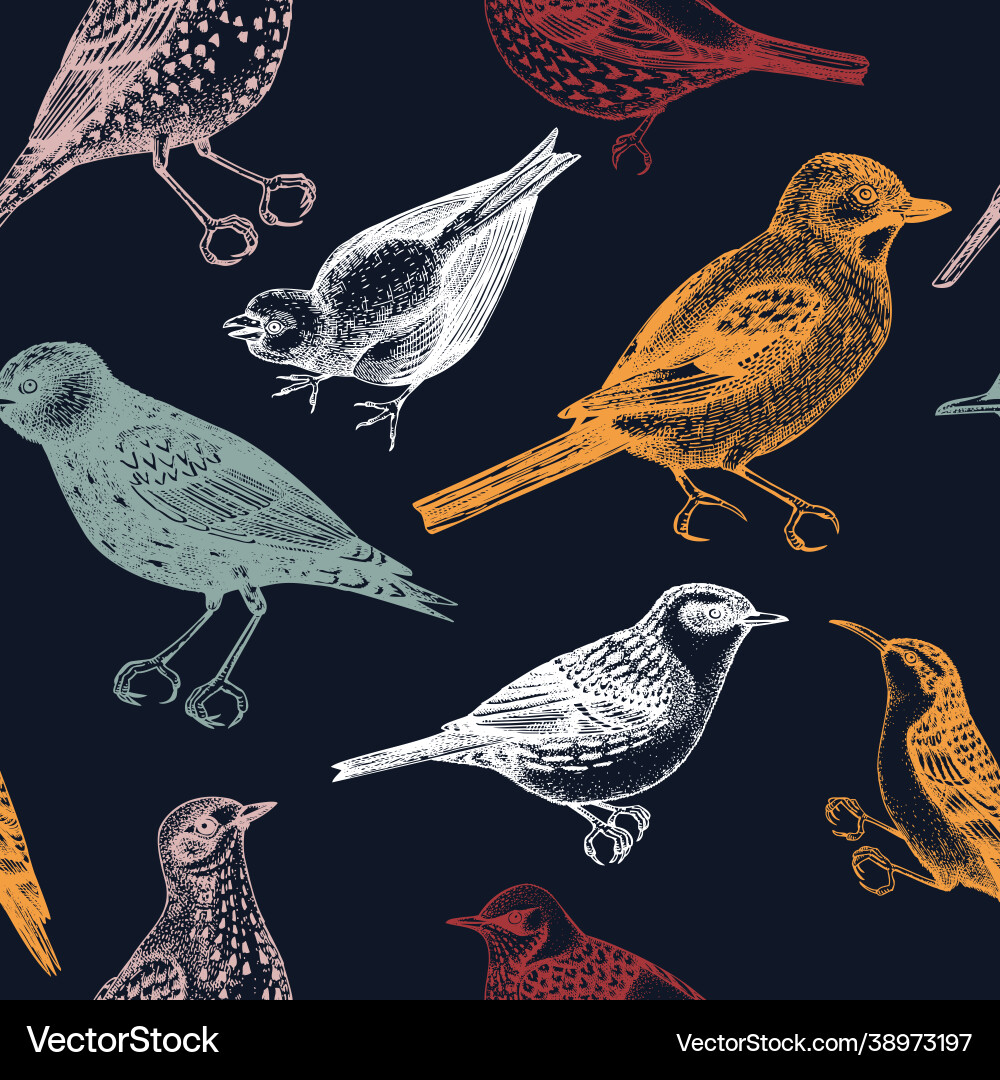 Seamless pattern with hand-sketched detailed birds