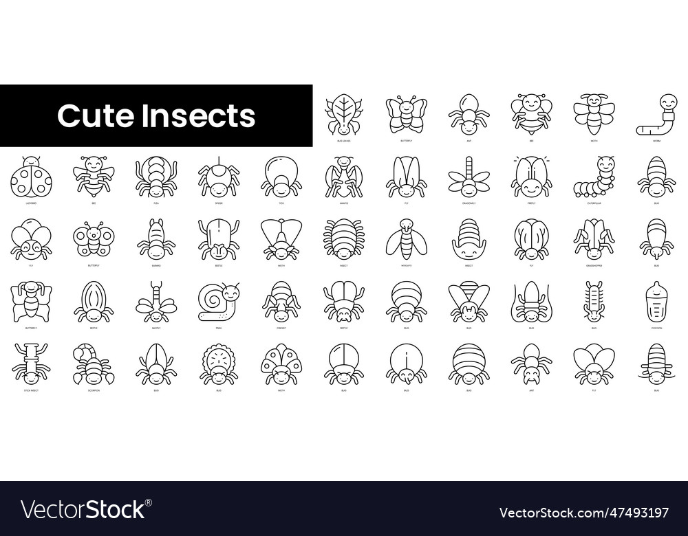 Set of outline cute insects icons minimalist thin Vector Image
