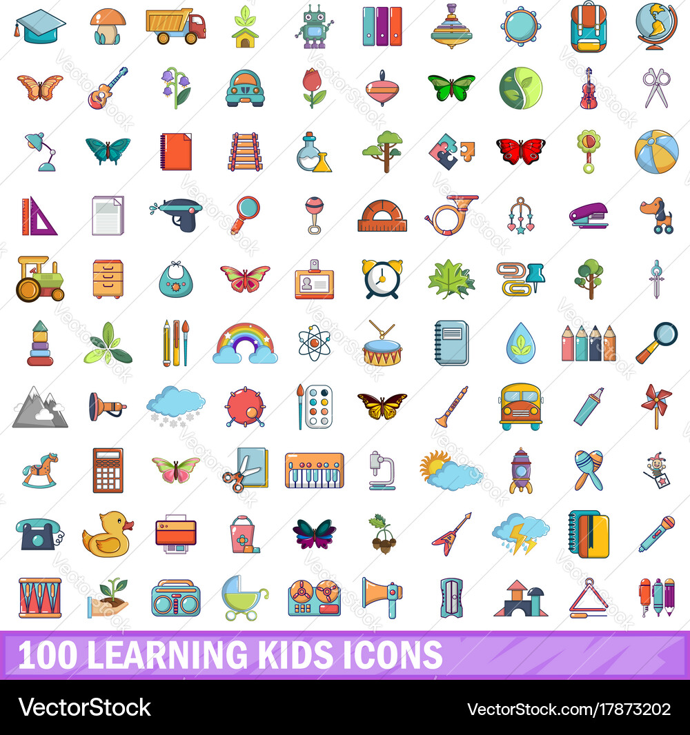100 learning kids icons set cartoon style Vector Image
