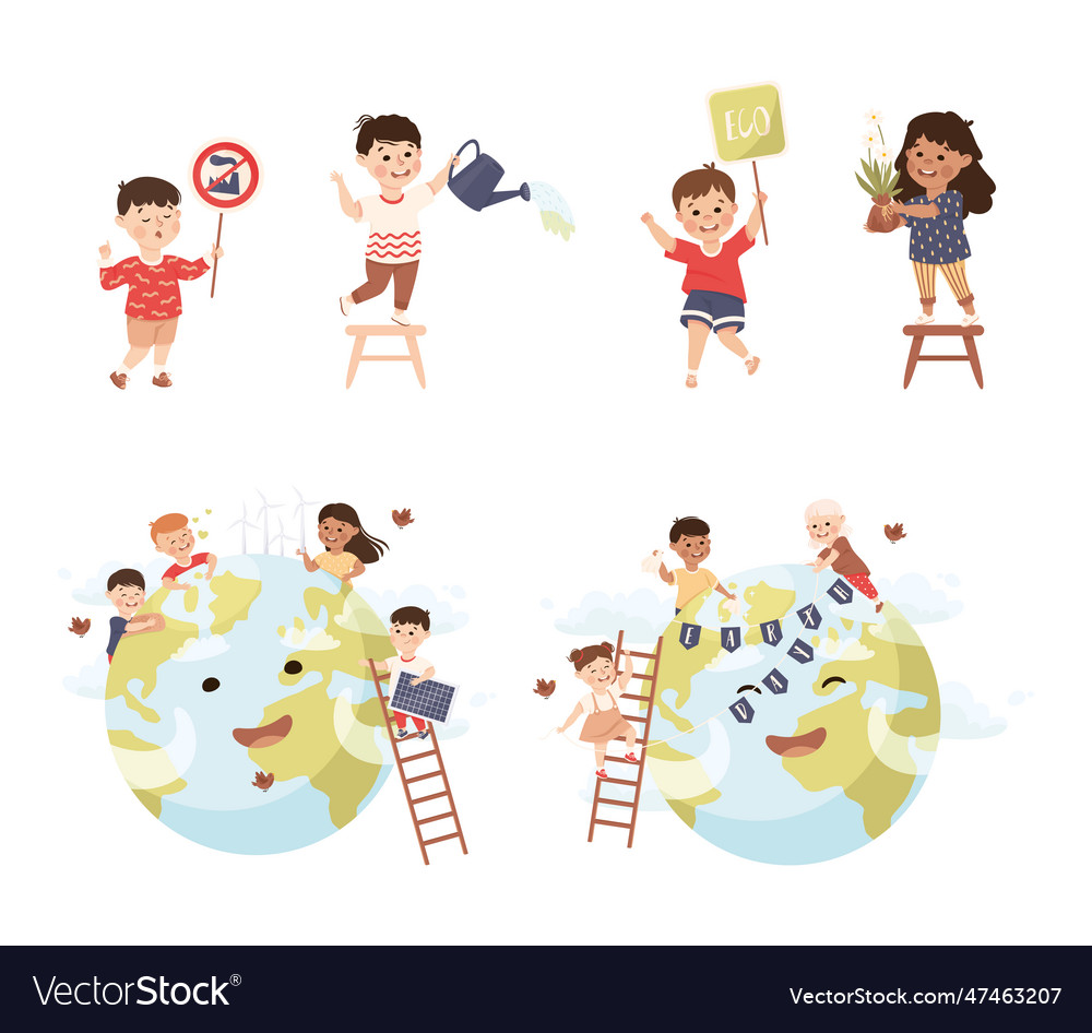 Cute kids caring about earth planet saving world Vector Image