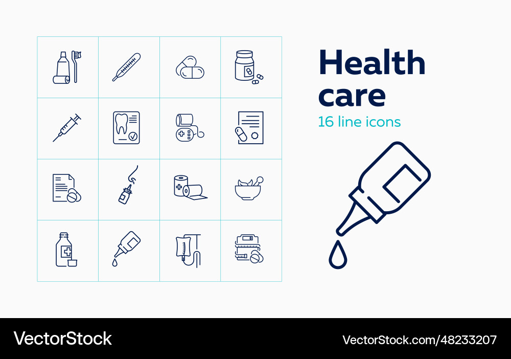 Health care line icon set injection teeth Vector Image