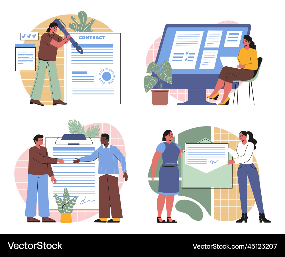 Set of people signing contract Royalty Free Vector Image