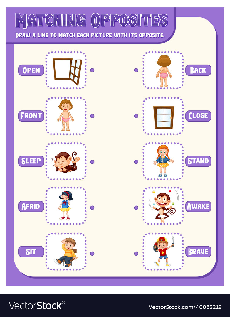Matching opposite words worksheet template Vector Image