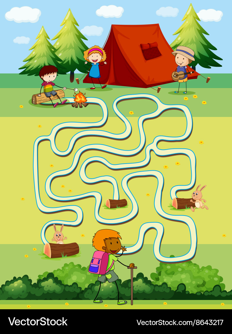 Game template with children camping in field Vector Image