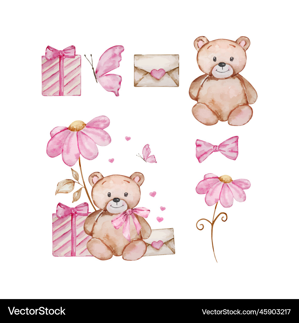 Watercolor valentines day cute teddy bear Vector Image