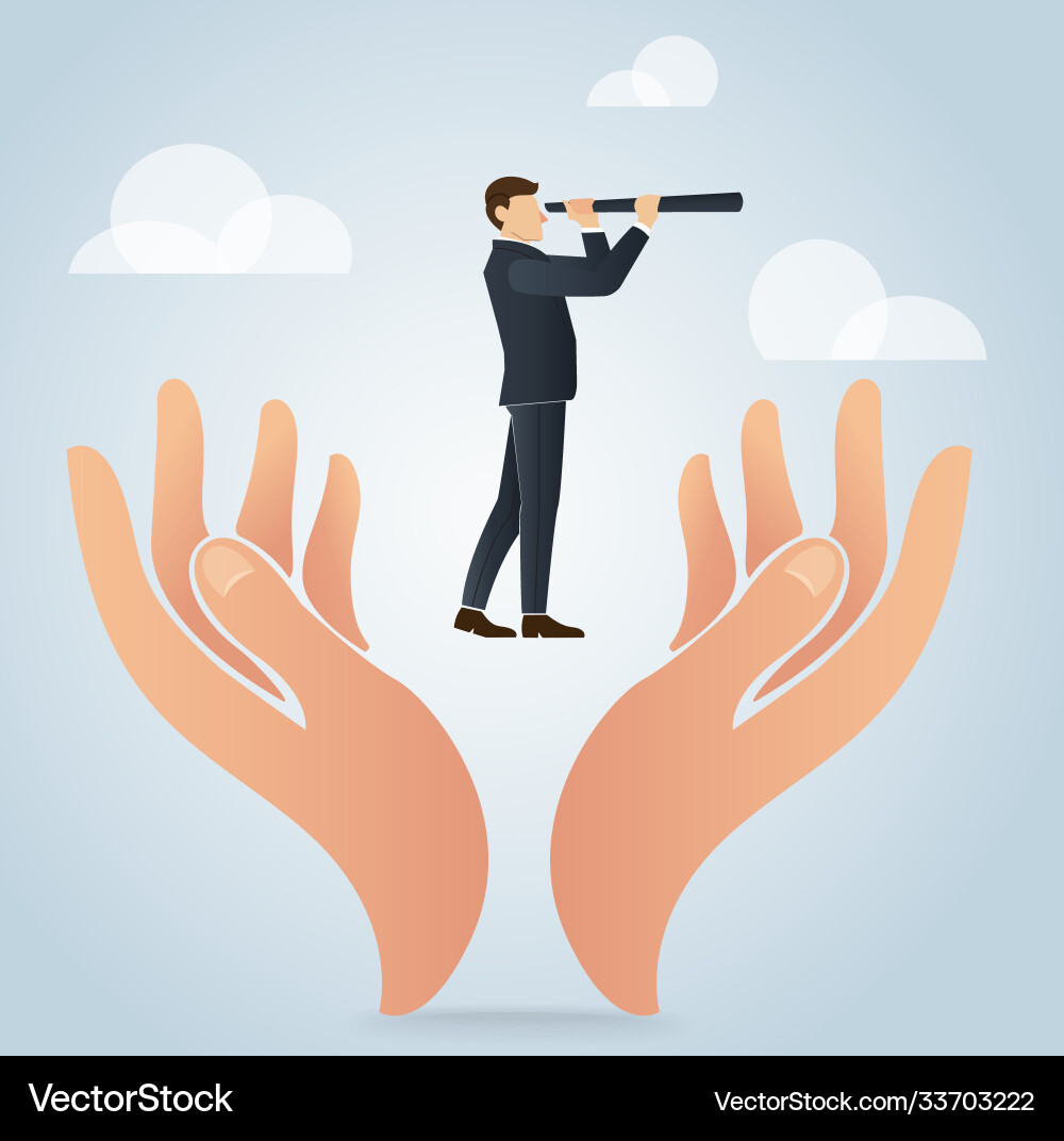 Businessman using a telescope on big hand Vector Image