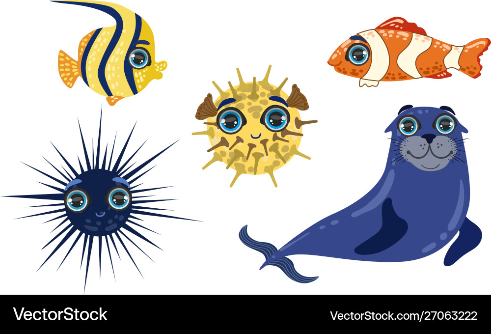 Cute sea creatures collection adorable ocean Vector Image