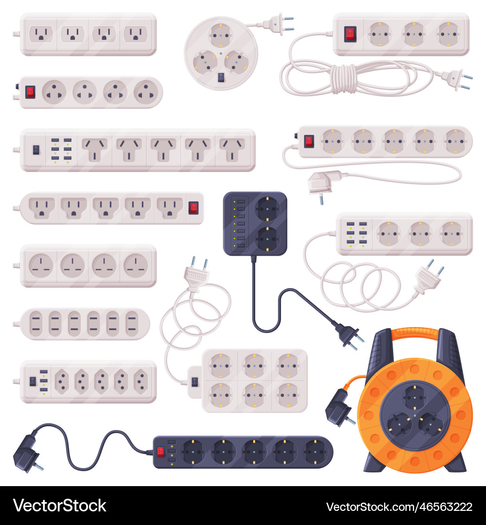 Extension sockets with plug and power cord as Vector Image