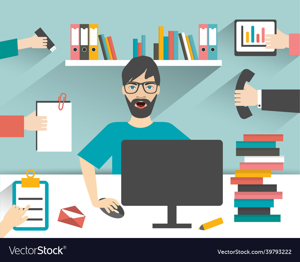 Hard working business man worksplace flat Vector Image Hard working business man worksplace flat Vector Image