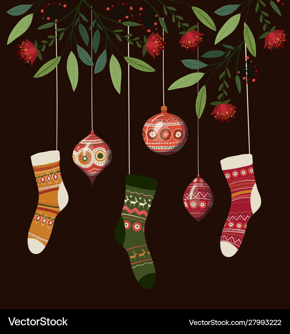 Merry christmas socks and spheres design Vector Image