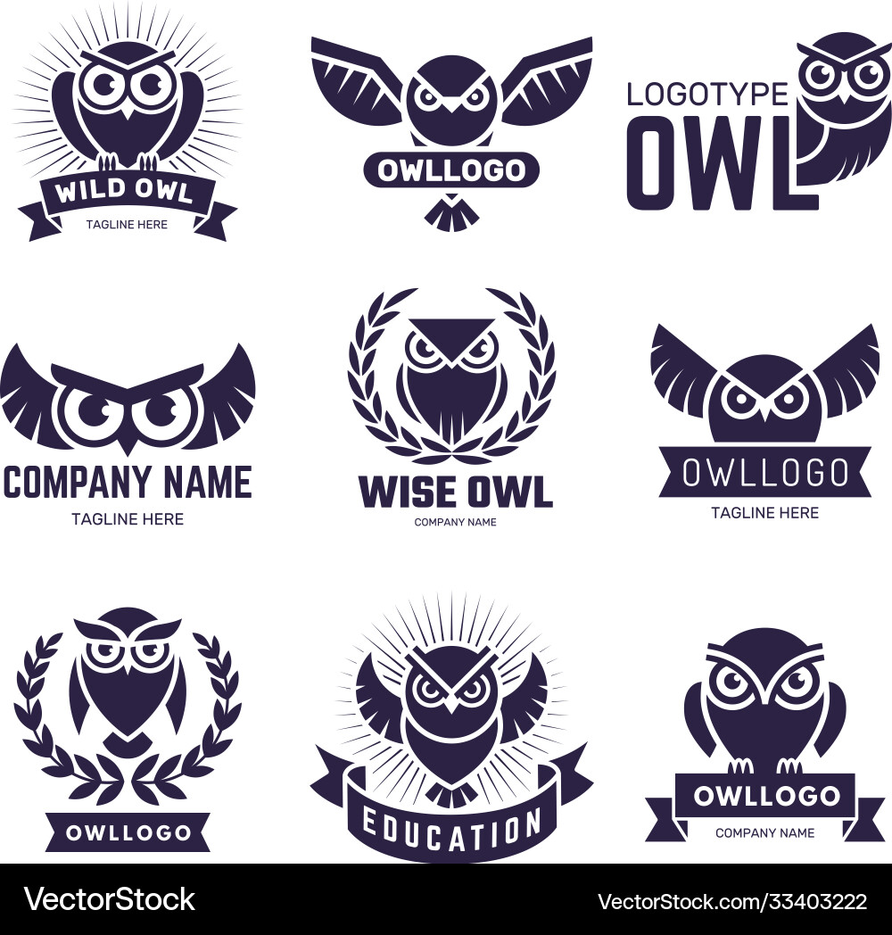 Owl badges flying birds with feathers wild Vector Image