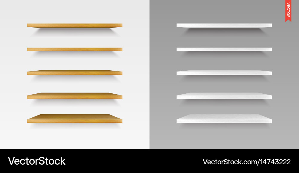 Set wood shelves isolated on wall background Vector Image