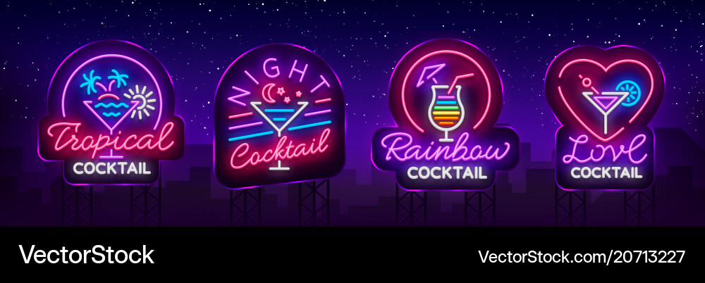 Cocktail collection logos in neon style Royalty Free Vector