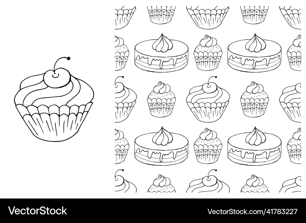 Coloring cupcake set of element and seamless Vector Image