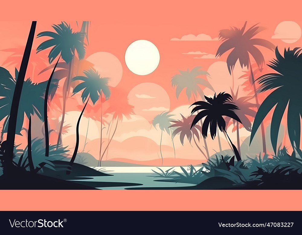 Tropical beach with palm trees sunrise and sunset Vector Image