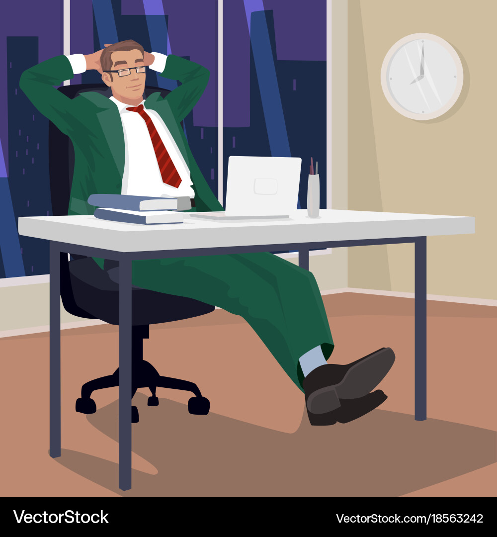 Businessman in evening relaxed workplace Vector Image