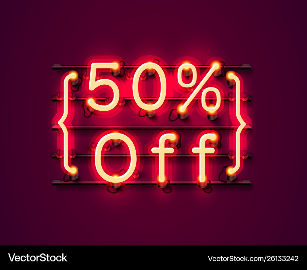Neon frame 50 off text banner night sign board Vector Image