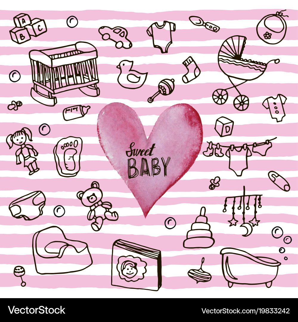 Newborn infant themed cute doodle set bacard Vector Image