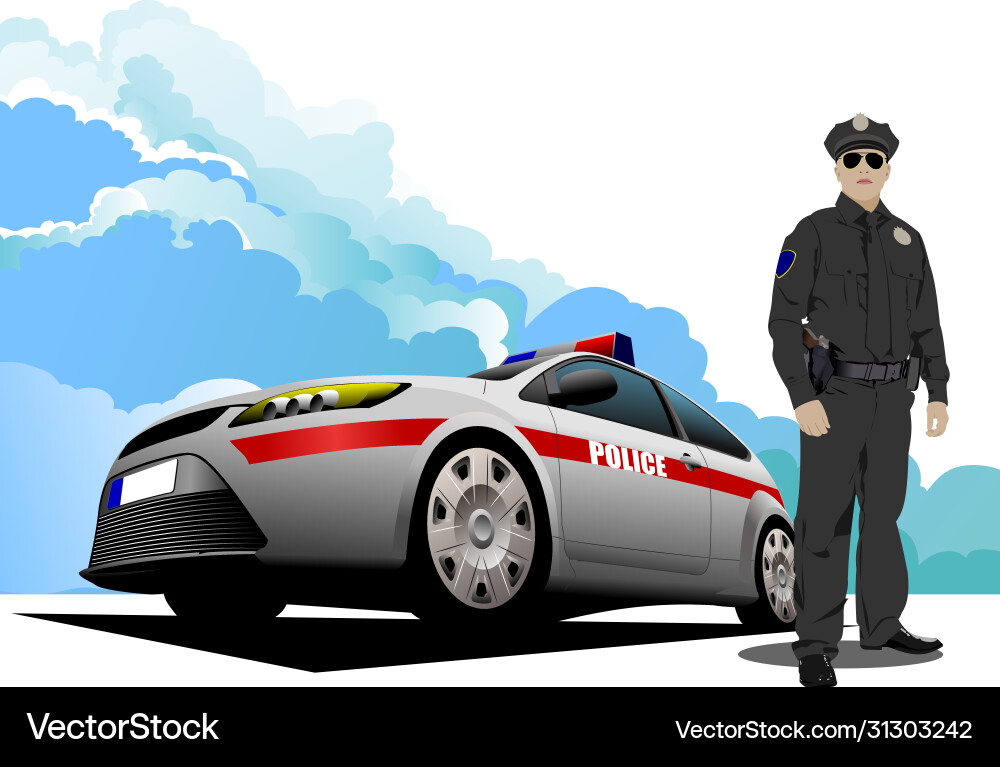 Police car and policeman Royalty Free Vector Image