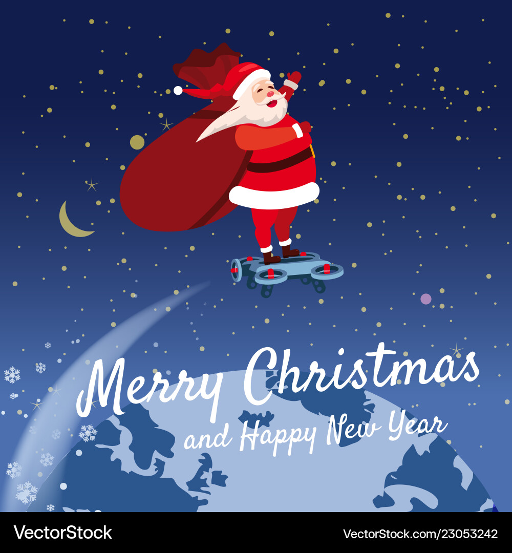 Santa claus on a hoverboard flies with bag Vector Image