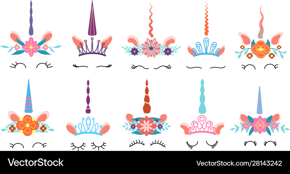 Unicorn face different cute funny unicorns heads Vector Image
