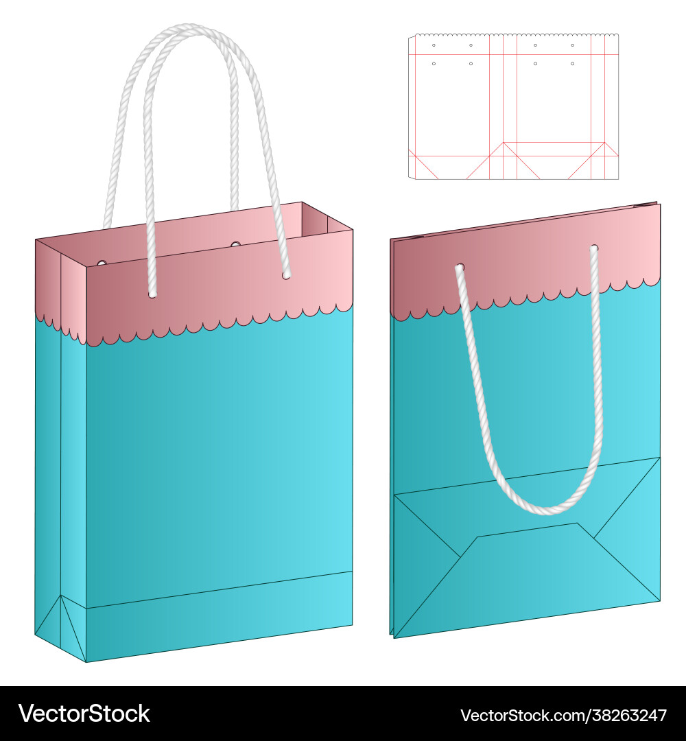 Paper bag die cut template design 3d mock-up Vector Image