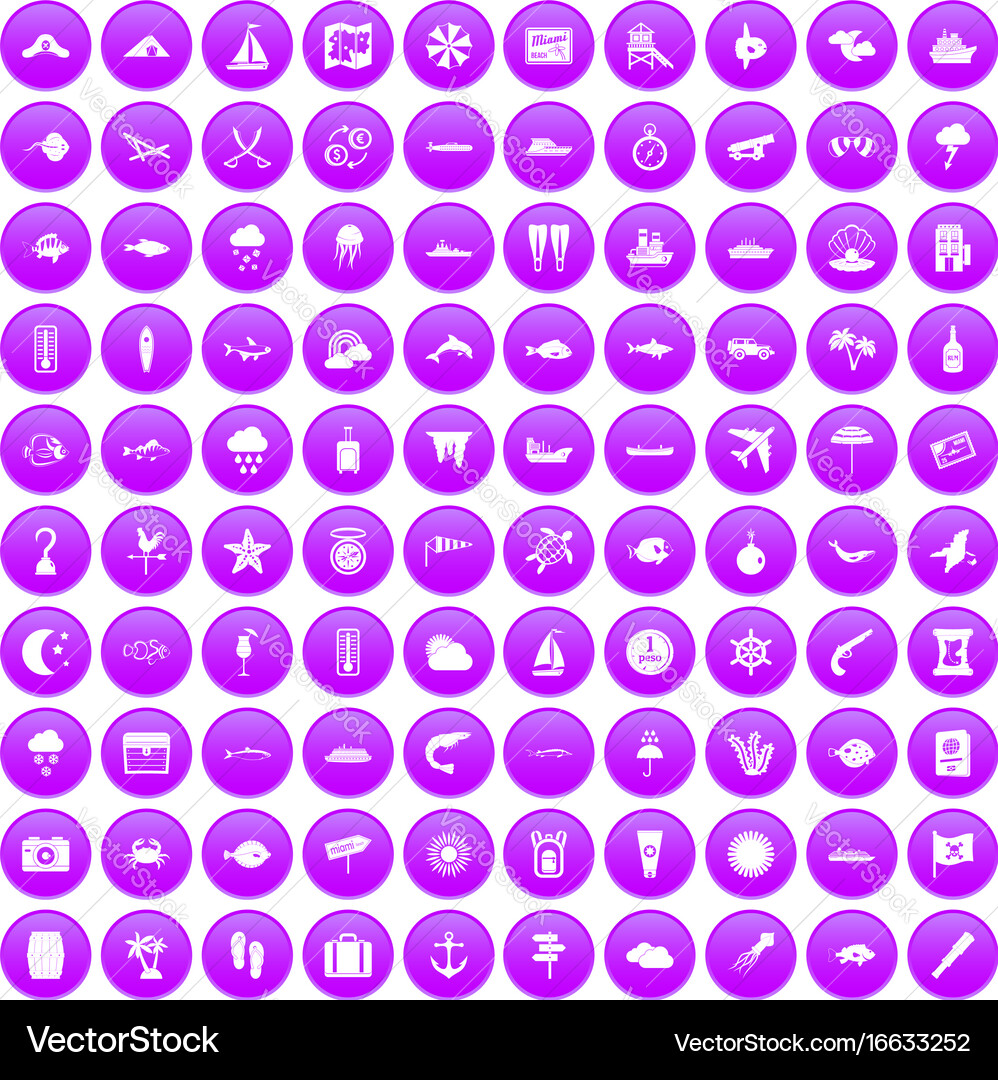 100 marine environment icons set purple Royalty Free Vector