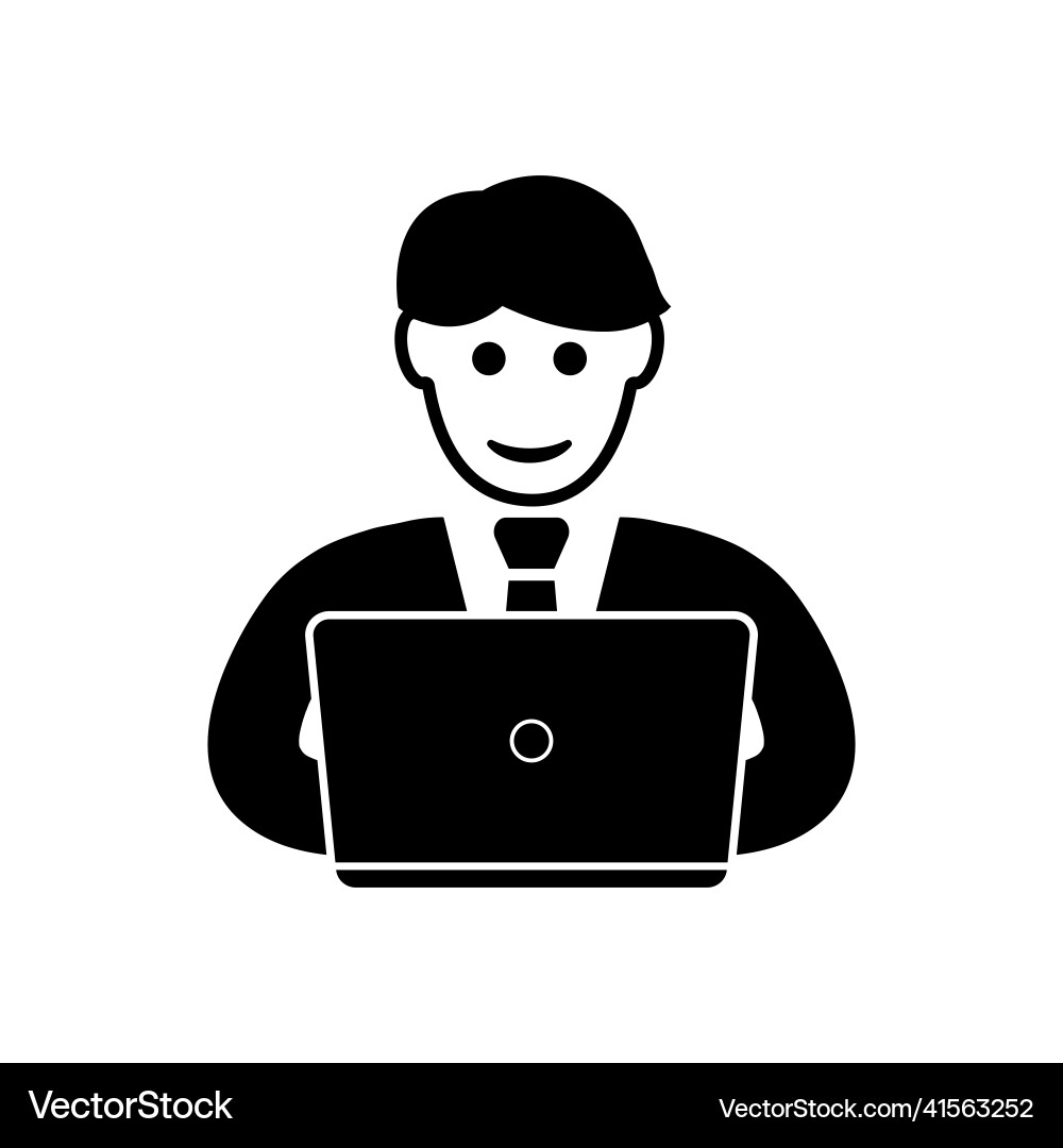 Boy working on laptop icon black sign isolated Vector Image