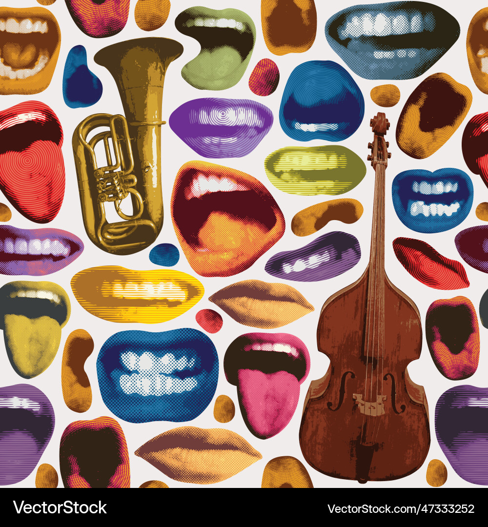 Seamless pattern with lips double bass and trumpet