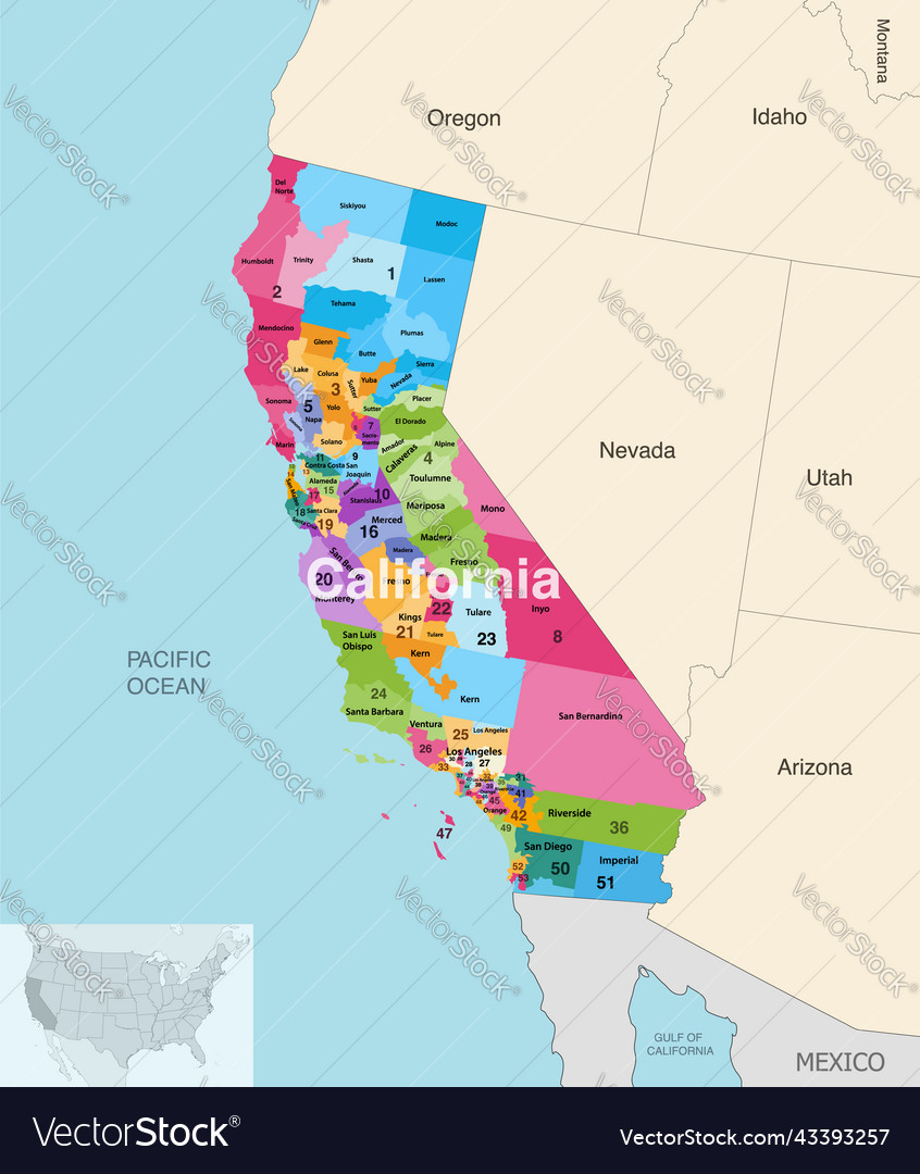 California state counties colored Royalty Free Vector Image