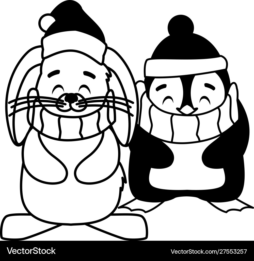 Penguin and rabbit with hat scarf in white Vector Image