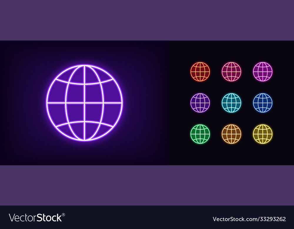 Neon globe icon glowing neon world sign globe Vector Image
